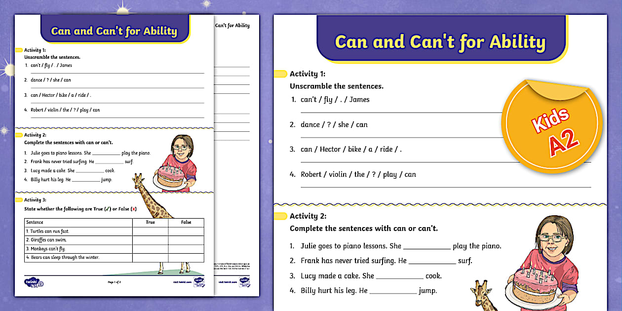 ESL Can and Can't for Ability Worksheet [Kids, A2] - Twinkl