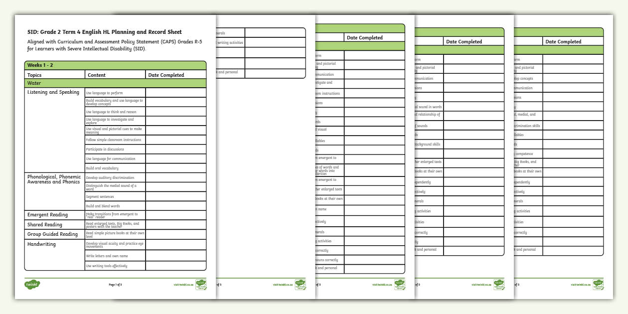 SID: Grade 2 Term 4 English HL Planning and Record Sheet