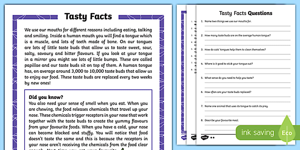 Sense of Taste Differentiated Reading Comprehension Activity