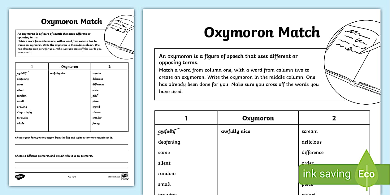 Oxymoron Activity Sheet (Teacher-Made) - Twinkl