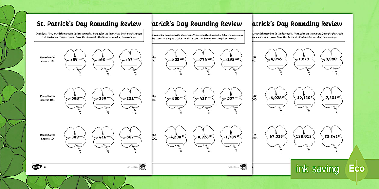 St. Patrick's Day Rounding Review Activity Worksheet for 3rd-5th Grade