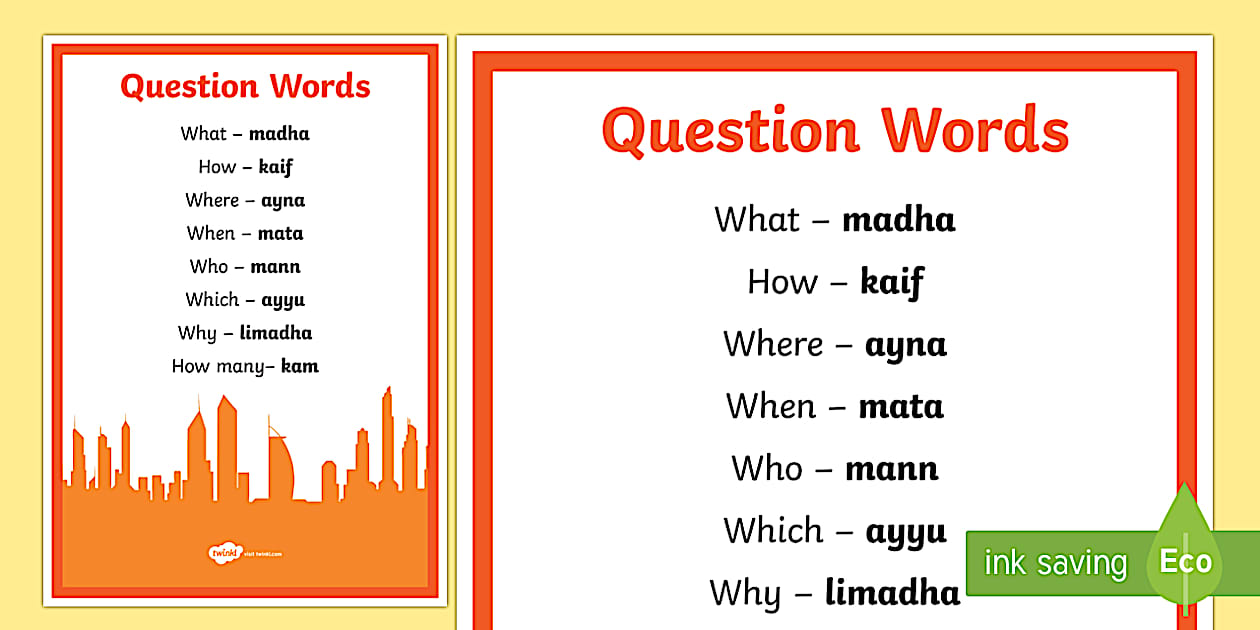 Question Words English Arabic Phonetic A4 Display Poster