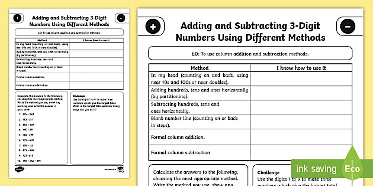 Adding, Subtracting Using Different Methods Worksheet Year 3