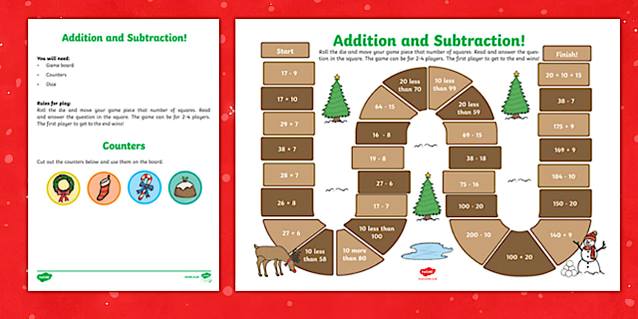 Year 2 Addition and Subtraction Christmas Themed Board Game-Welsh