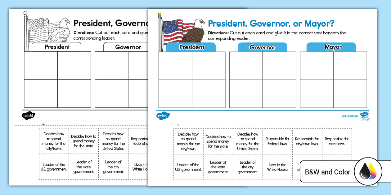 President, Governor, Mayor Sorting Activity for K-2nd Grade