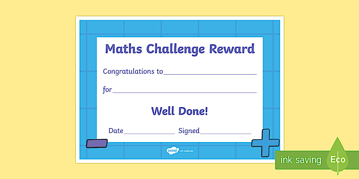 Maths Challenge Reward Certificate (teacher made) - Twinkl