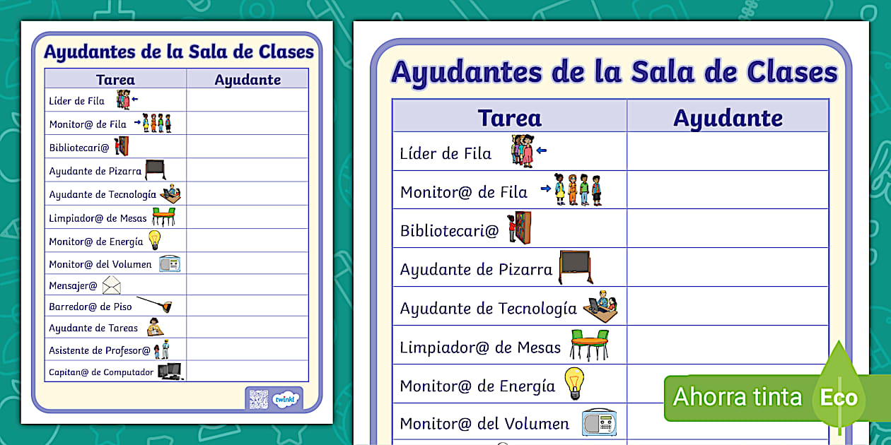 Póster Ayudantes de la Sala de Clases Roles Tareas Tabla