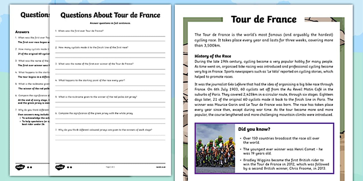 KS2 Tour de France Differentiated Reading Comprehension Activity