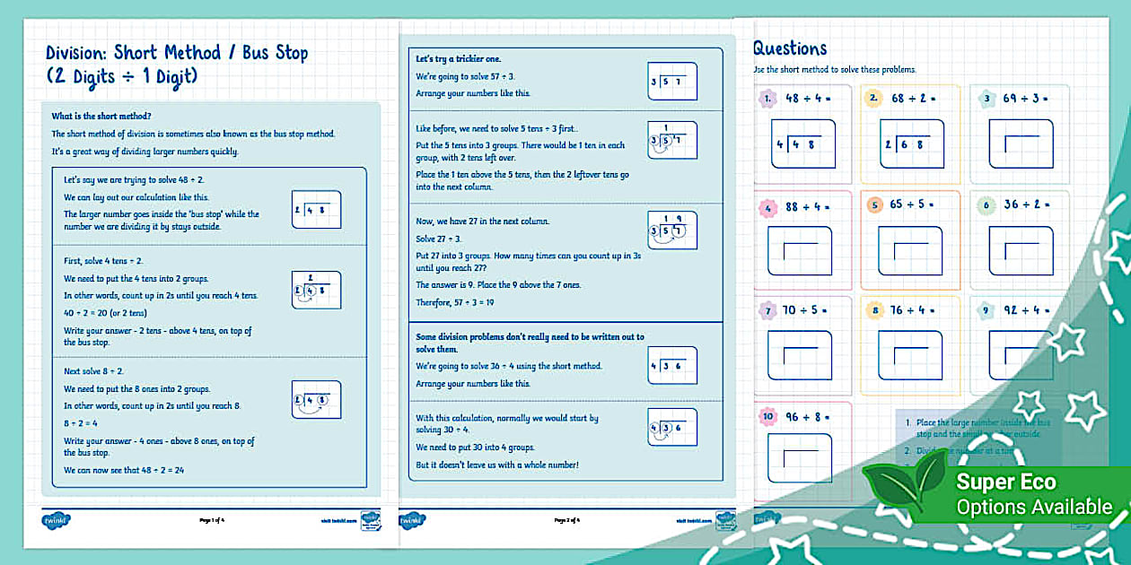 Division: Short Method/Bus Stop (2 Digits ÷ 1 Digit)