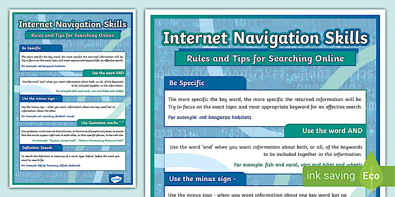 Internet Navigation Skills Display Poster: Searching Tips
