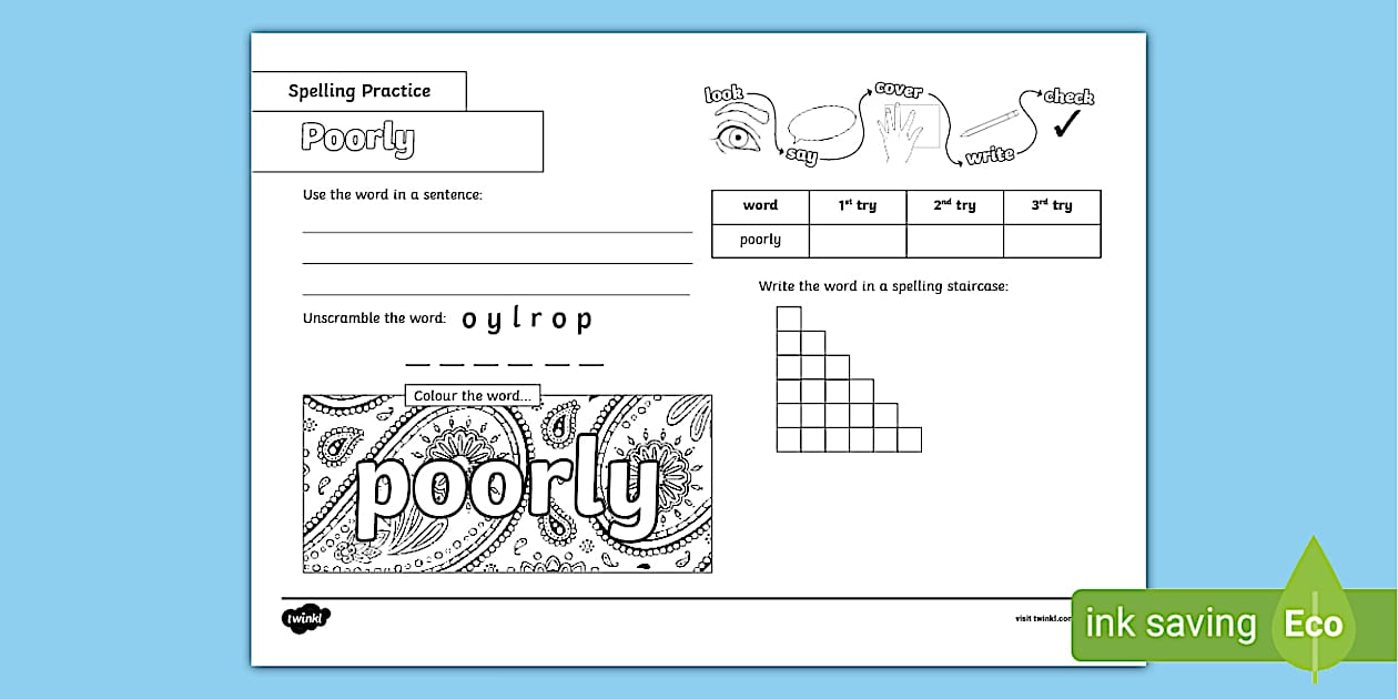 Poorly Spelling Practice Worksheet (Teacher-Made) - Twinkl