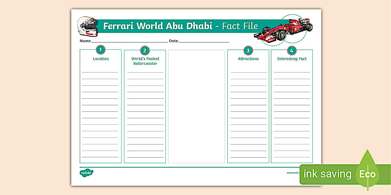 Ferrari World Abu Dhabi Fact File Writing Activity - Twinkl