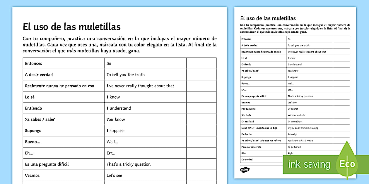 Conversation Gap Fillers Checklist Spanish (teacher made)