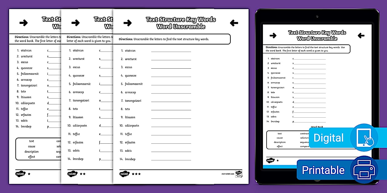 Sixth Grade Text Structure Differentiated Word Unscramble
