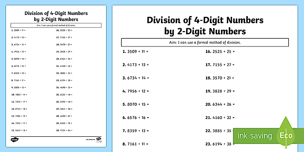 4-Digit by 2-Digit Division Worksheet | Twinkl Maths