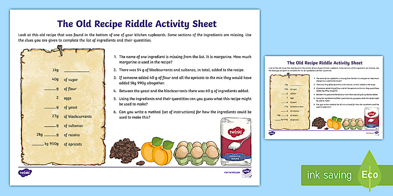 Black and White Old Recipe Riddle Weight Worksheet - Twinkl