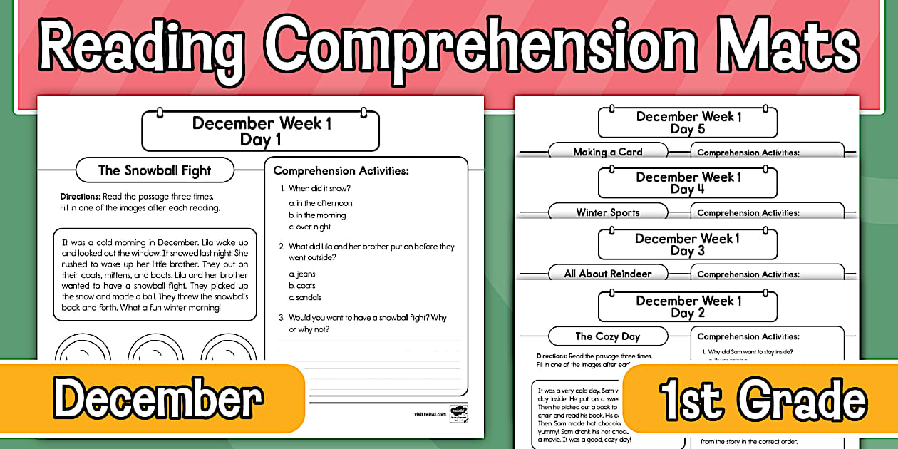 December First Grade Daily Reading Comprehension Mats
