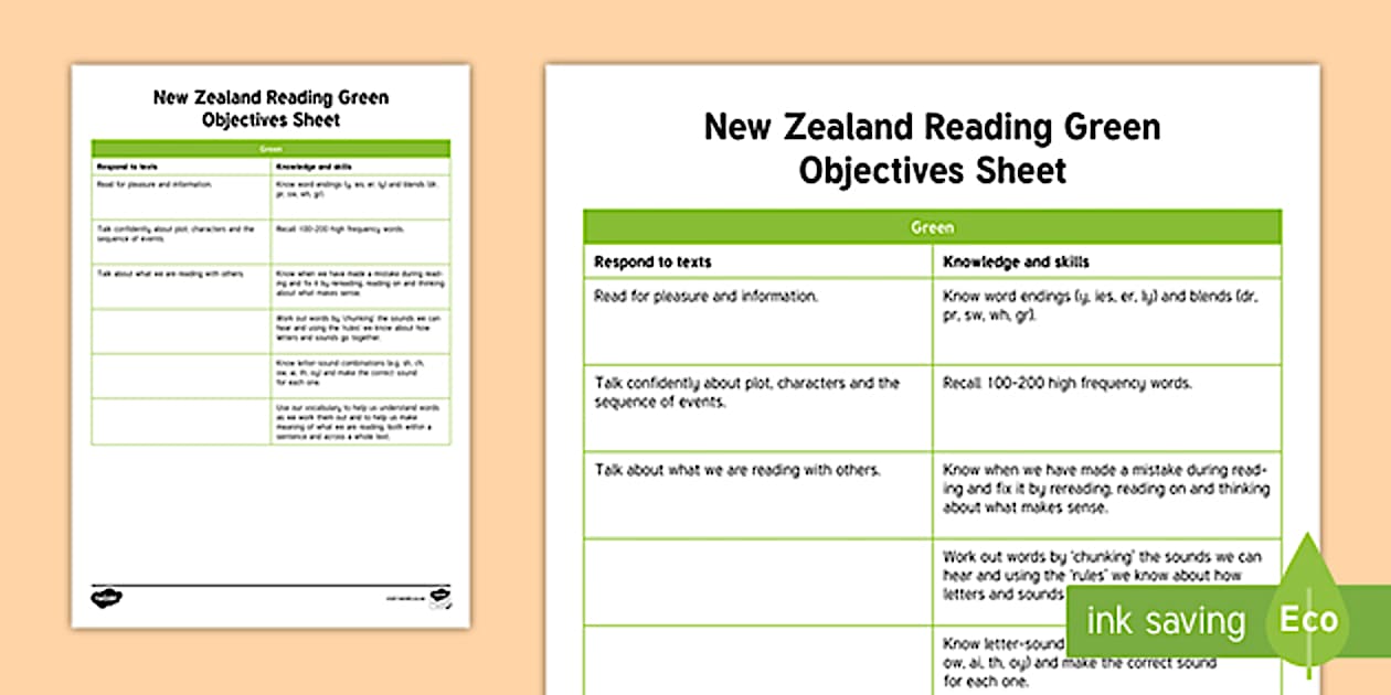 New Zealand Reading Green Objectives Sheet Adult Guidance