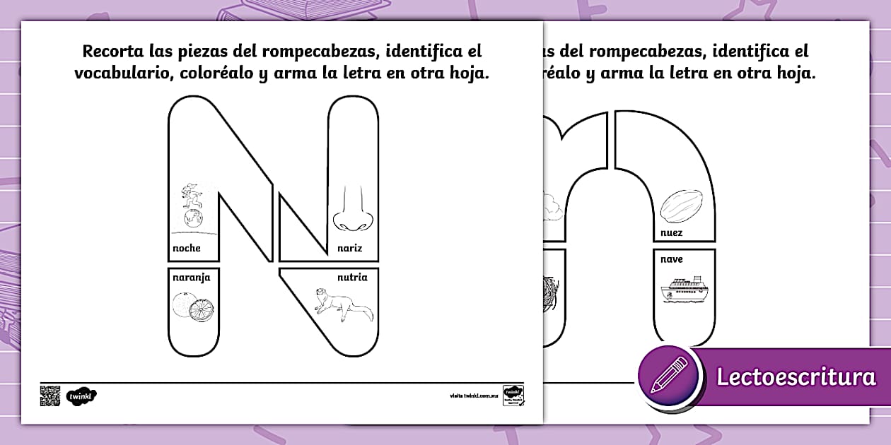 Hoja de actividad: Rompecabezas de la letra N (teacher made)