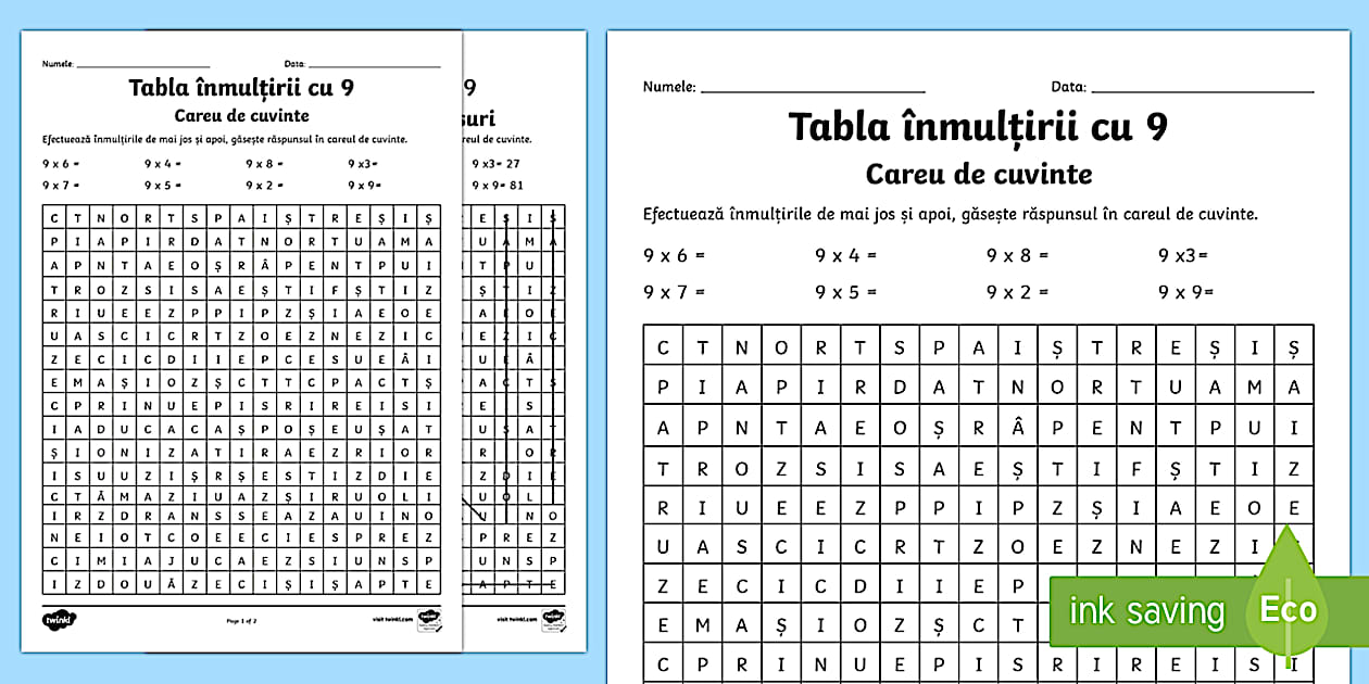 Tabla înmulțirii cu 9 - Careu de cuvinte (teacher made)