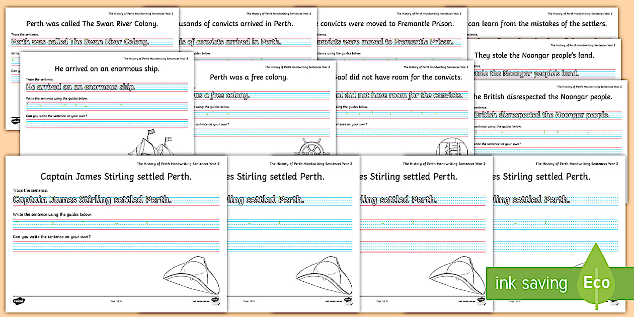 NSW History of Perth Year 2 Handwriting Practice Worksheets