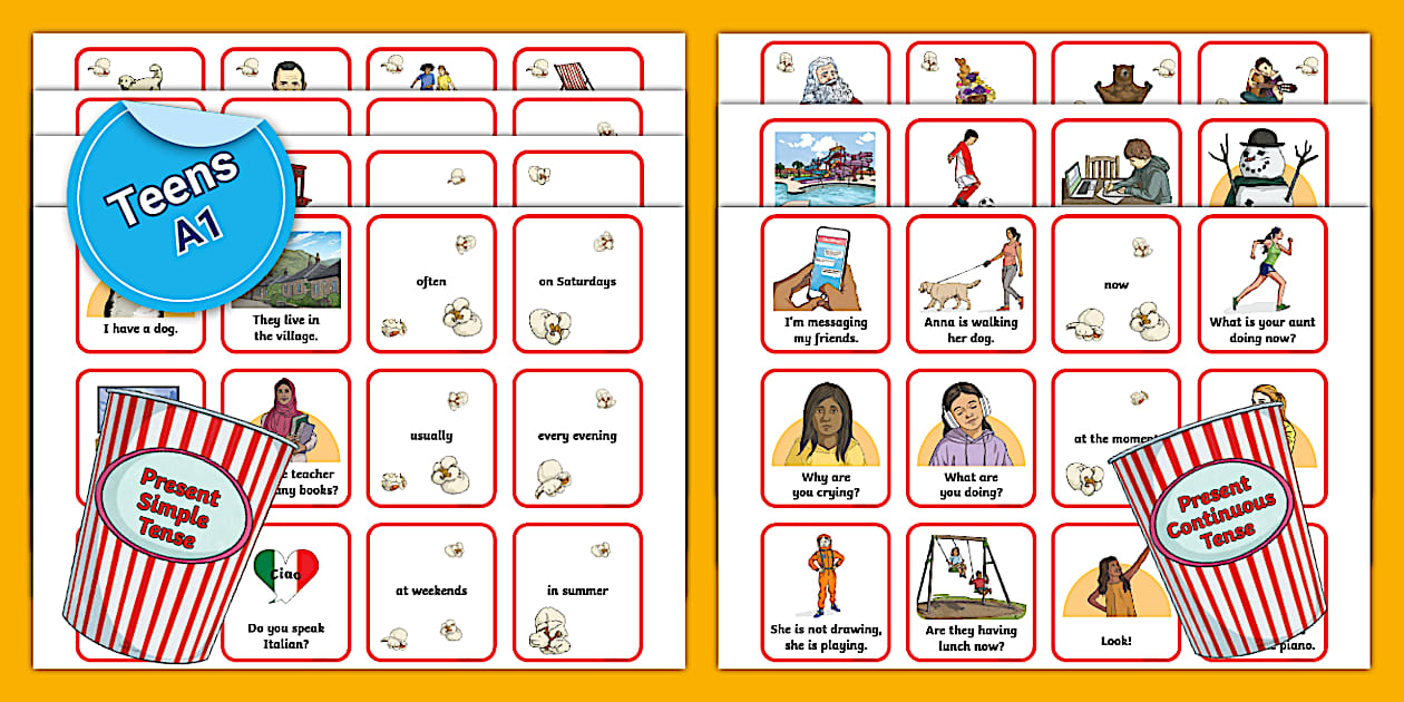 ESL Grammar Popcorn Sorting Game: Present Simple and Continuous [Teens, A1]