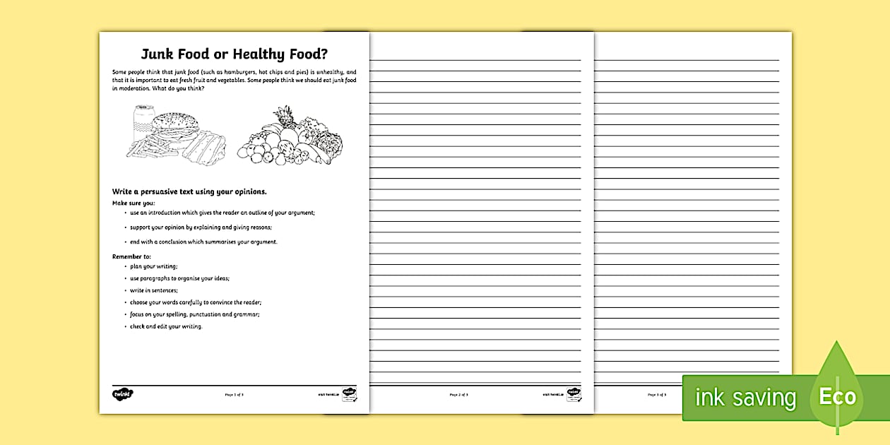 Junk Food or Healthy Food Persuasive Writing Worksheet