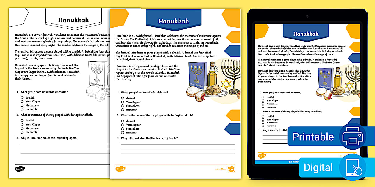 Third Grade Hanukkah Reading Passage Comprehension Worksheet