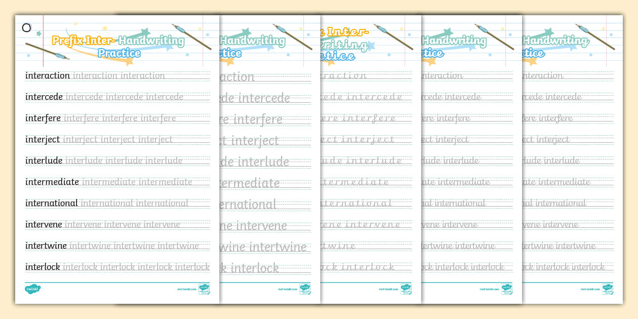 Prefix Inter- Handwriting Practice Worksheet (teacher made)