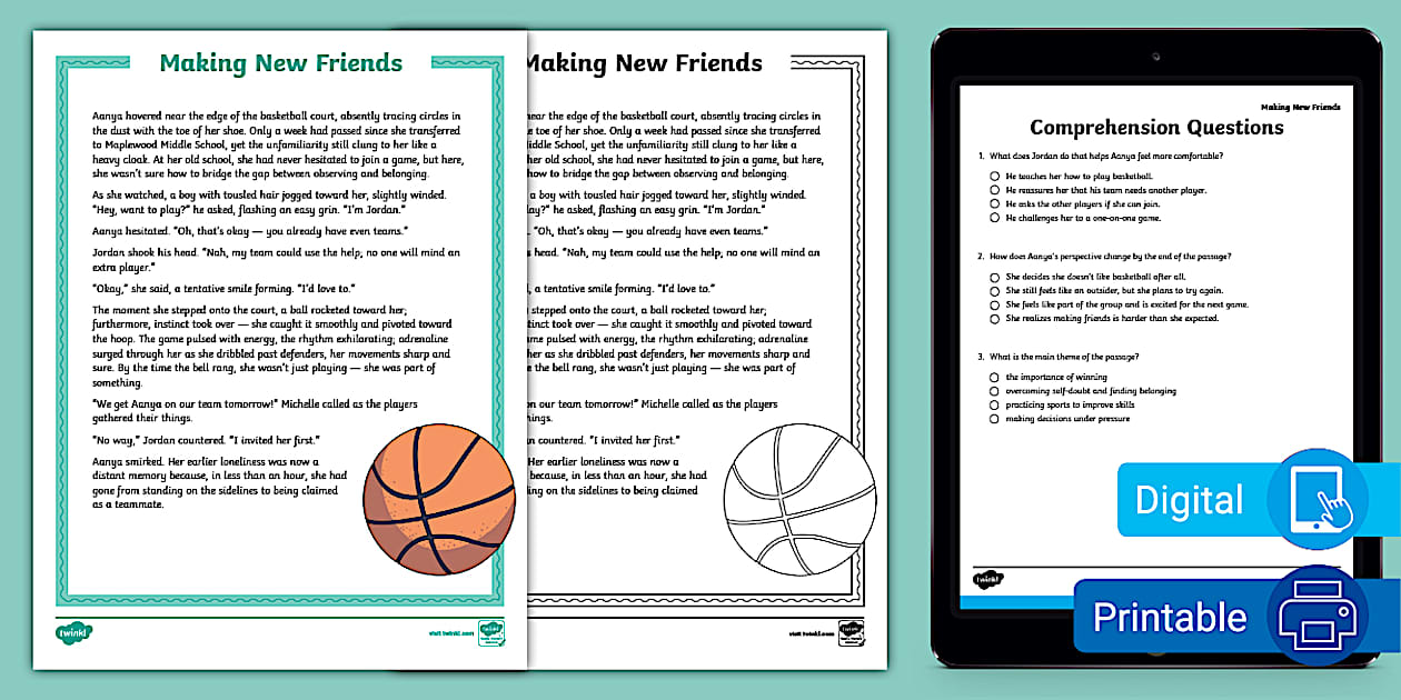 Seventh Gr Making New Friends Reading Passage Comprehension