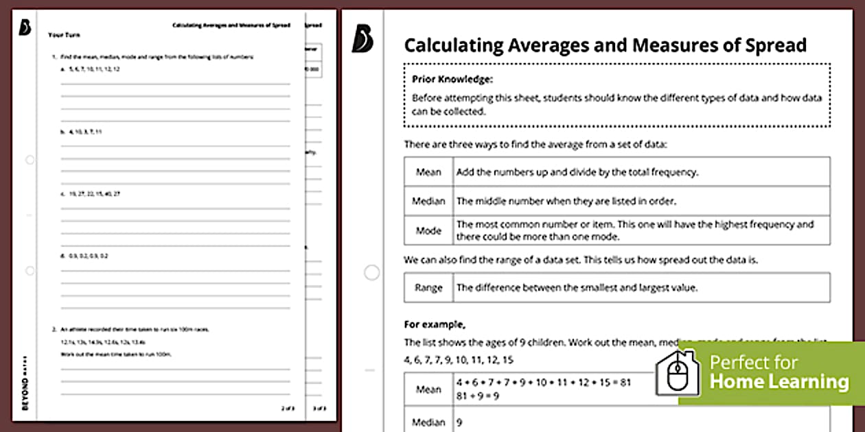👉 Calculating Averages and Measures of Spread - Home Learning