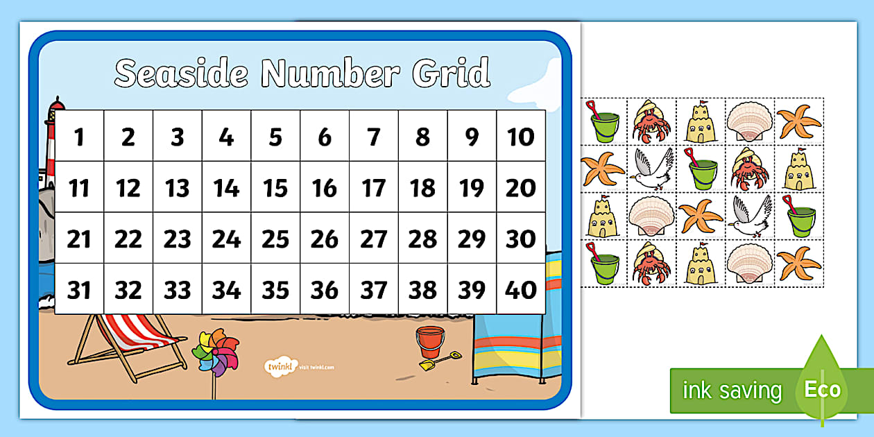 Seaside-Themed 1 to 40 Number Grid - Twinkl