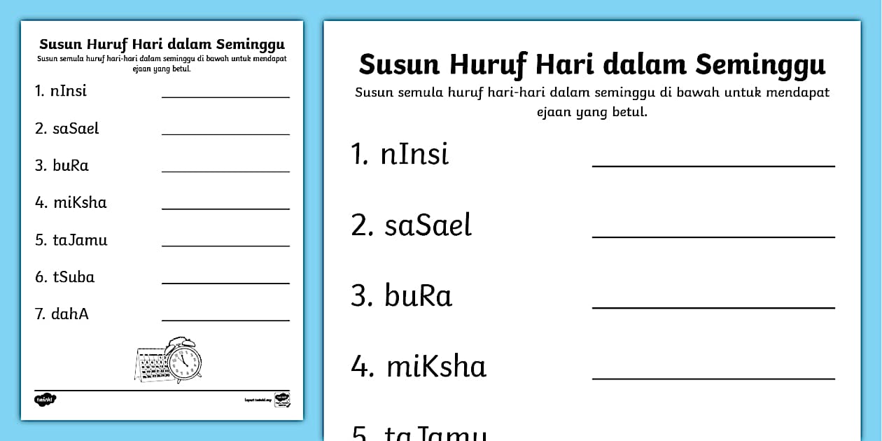 Lembaran Kerja Susun Huruf - Hari dalam Seminggu - Twinkl