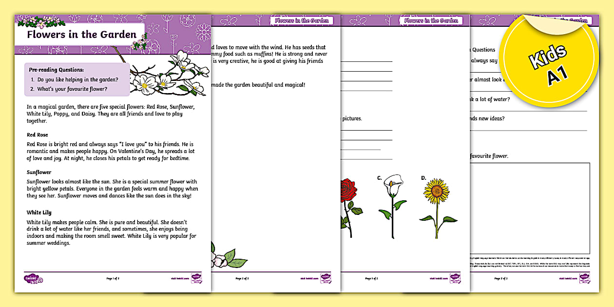ESL Flowers in the Garden Reading Comprehension [Kids, A1]