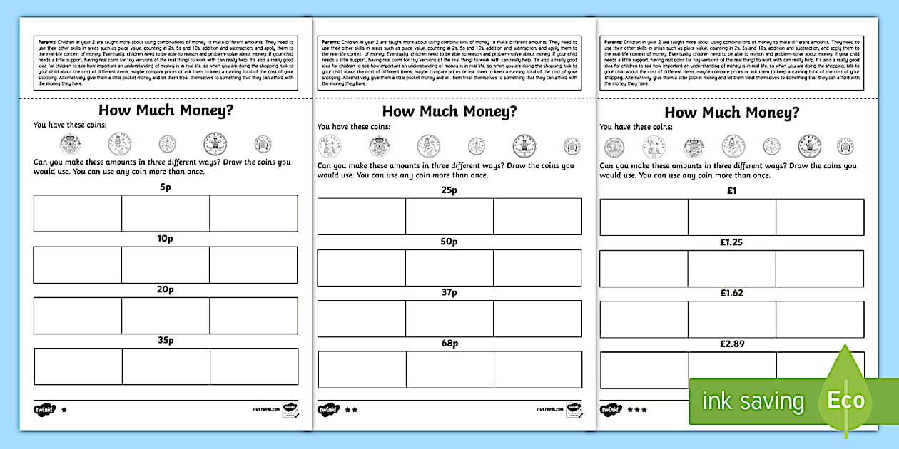 Year 2 Money Making Amounts Homework Worksheets - Twinkl