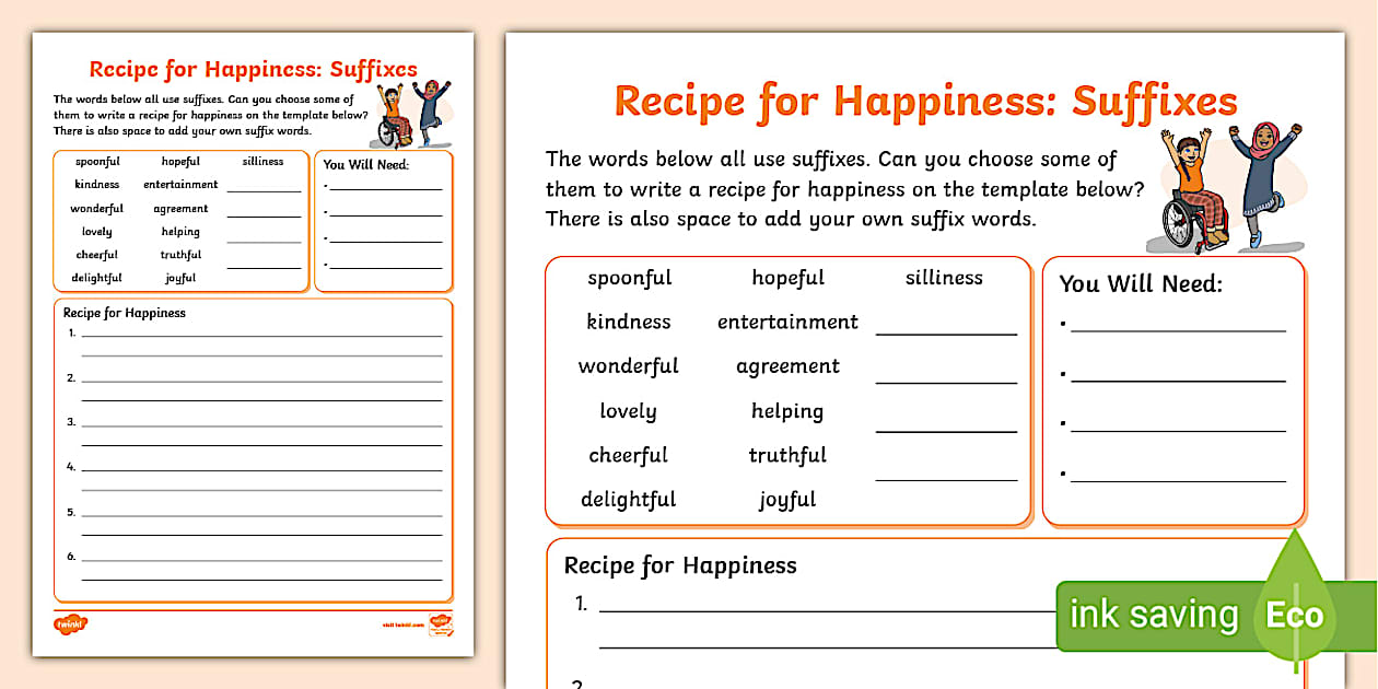 Recipe for Happiness Suffixes Activity | KS1 English Grammar,Happiness ...
