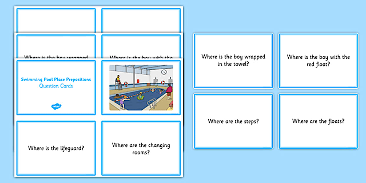 Swimming Pool Place Prepositions Question Cards - Twinkl