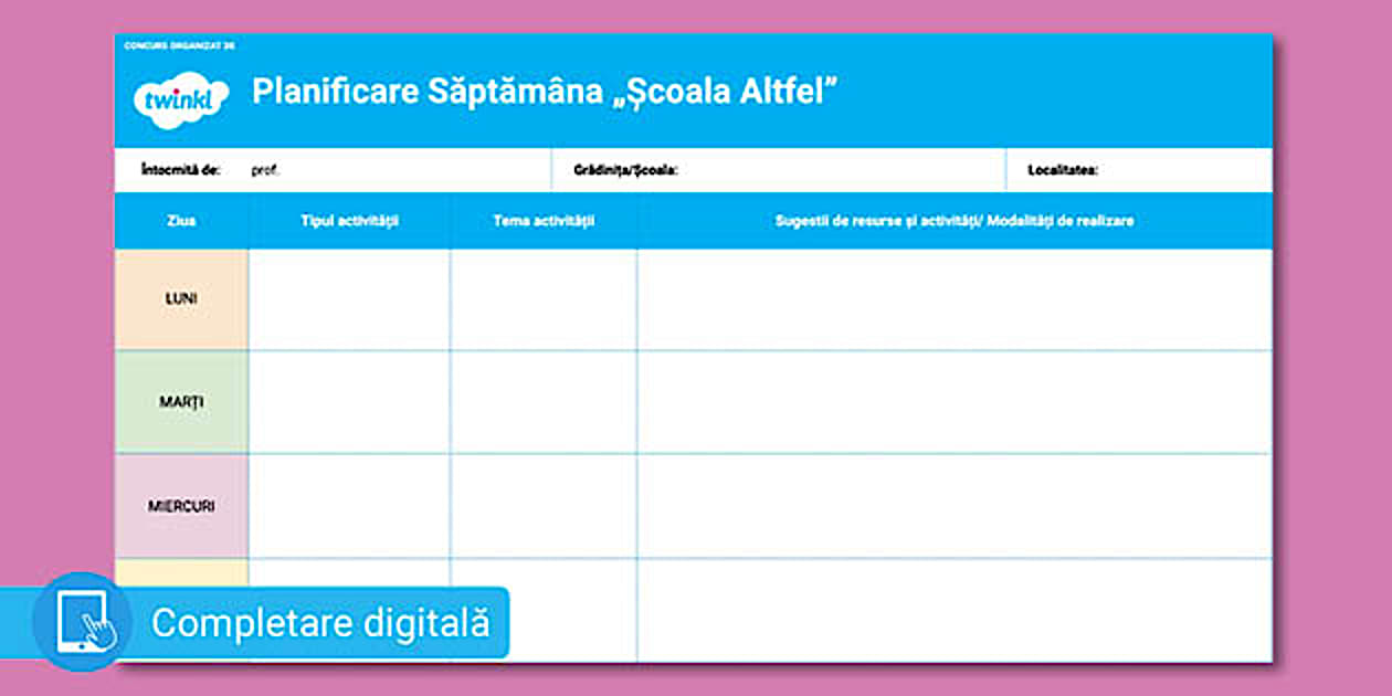 Șablon planificare Săptămâna Școala altfel - Twinkl