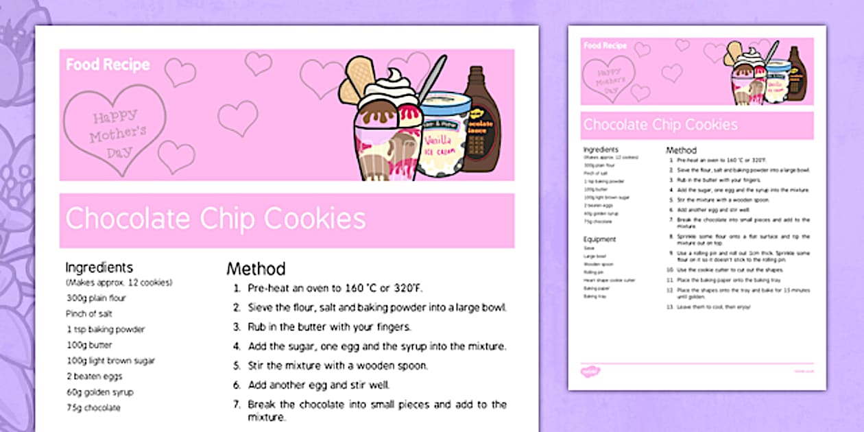 Mother's Day Chocolate Chip Cookie Recipe (teacher made)