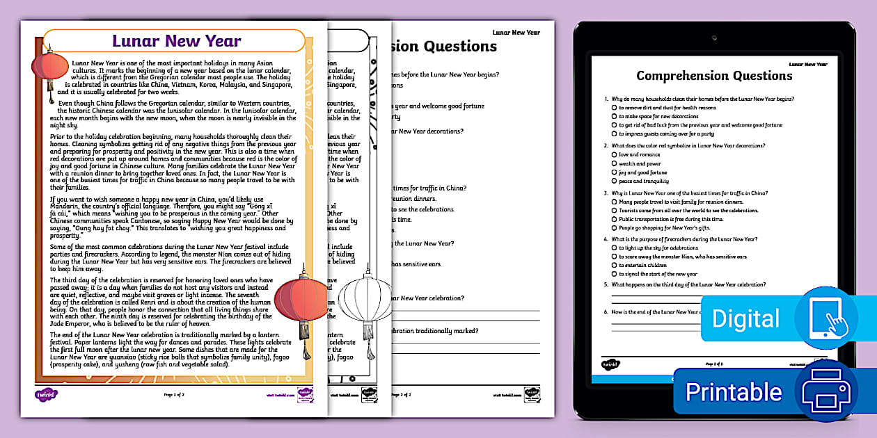 Seventh Grade Lunar New Year Reading Comprehension Worksheet