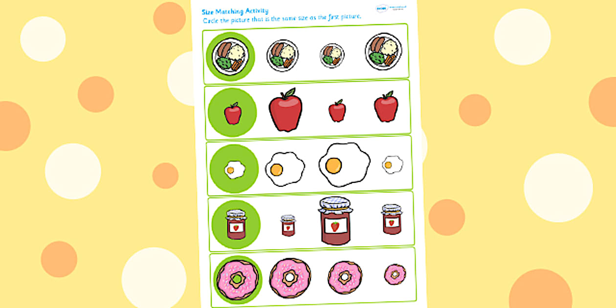 Black and White Food Themed Size Matching Worksheet - Twinkl
