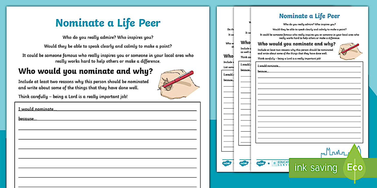 UK Parliament: Nominate a Life Peer Worksheet - Twinkl