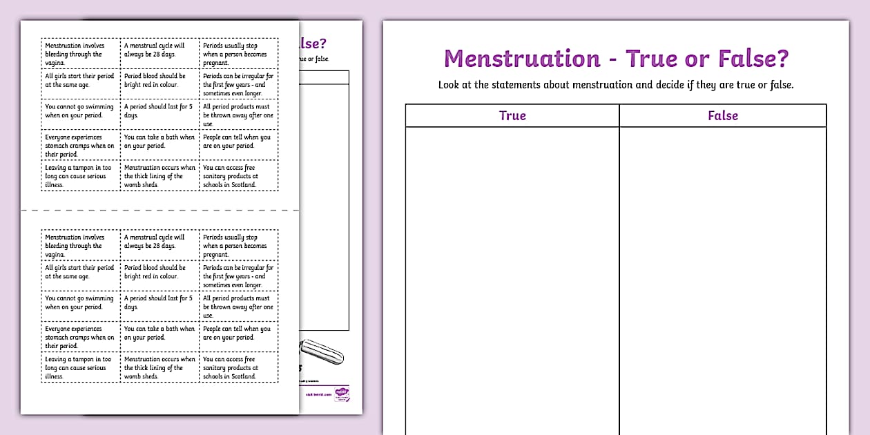 RSHP Menstruation True or False Activity Sheet - Twinkl