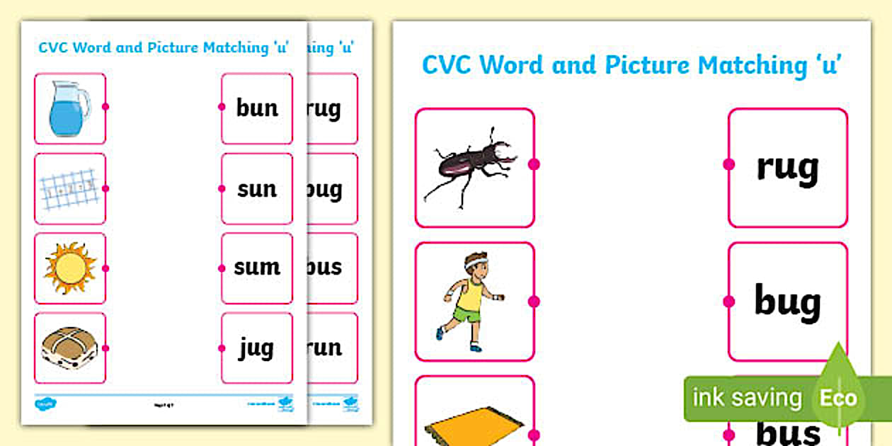 CVC Word and Picture Matching Worksheets u - Twinkl