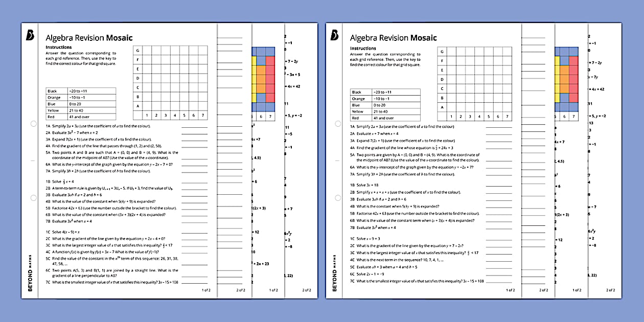 GCSE Algebra Questions: Differentiated Mosaic Worksheets