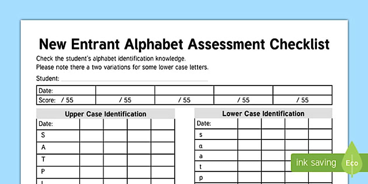 New Entrant Alphabet Identification Checklist (teacher made)