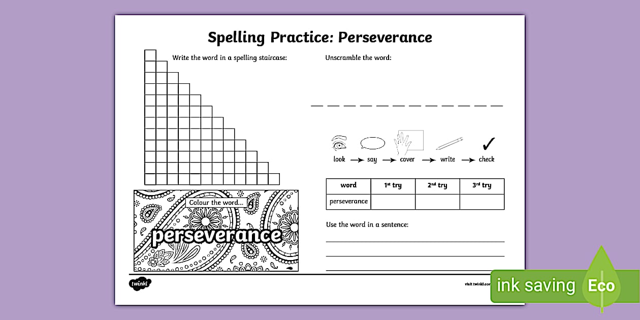 Perseverance Spelling Practice Worksheet