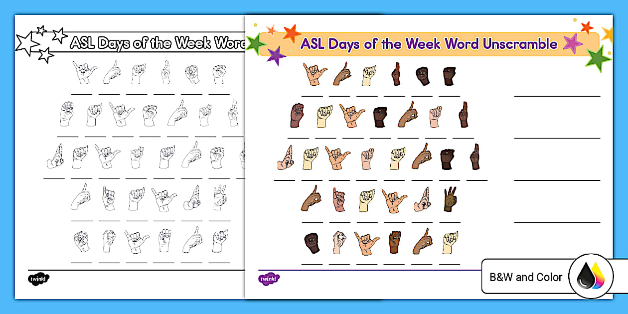 ASL Days of the Week Word Unscramble Worksheet - Twinkl