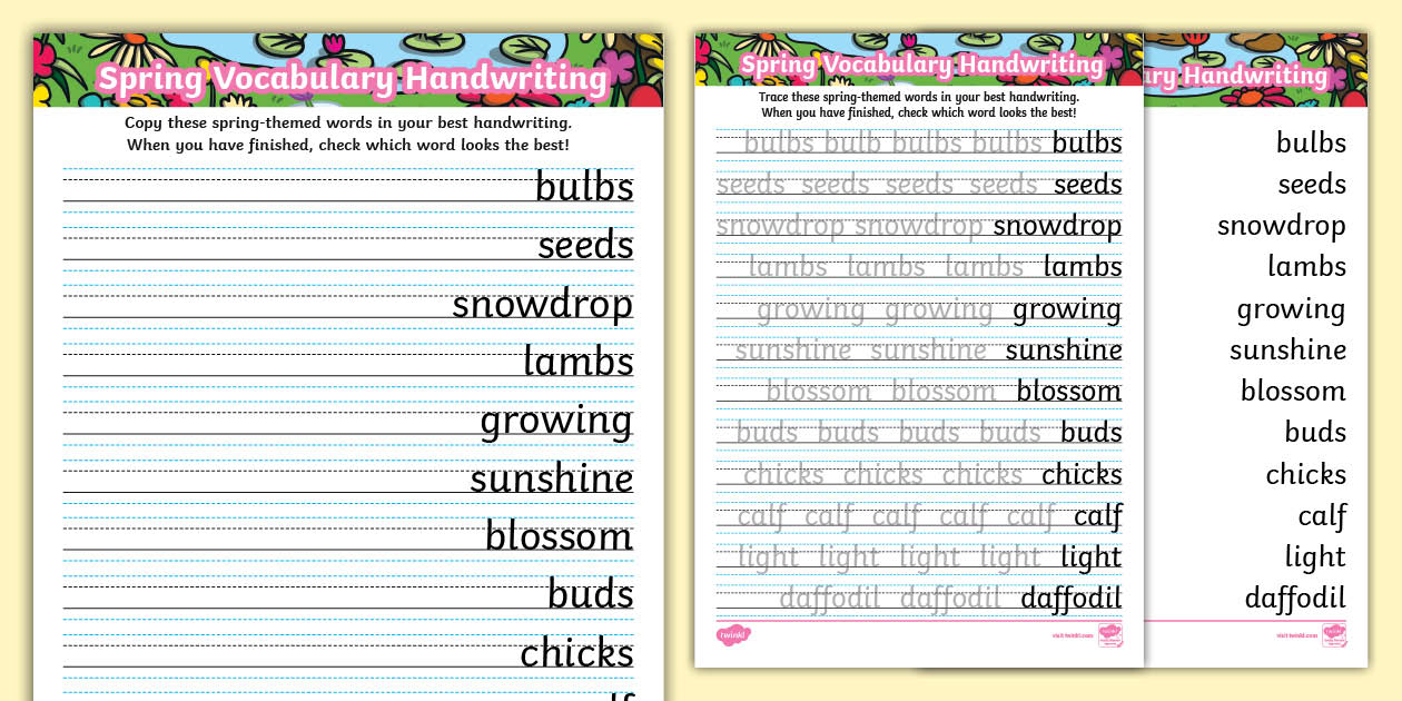 Spring Vocabulary Left-Handed Handwriting Activity Sheets