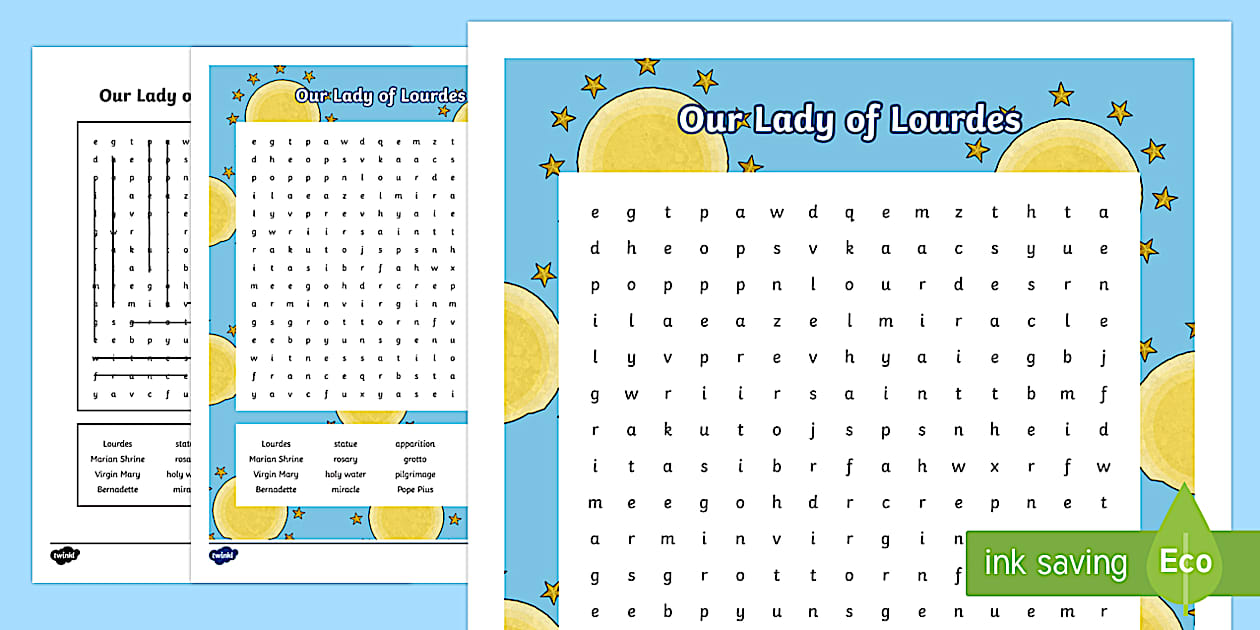 Black and White Our Lady of Lourdes Word Search - Twinkl